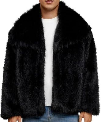 Generic Manteau dhiver chaud en fausse fourrure pour homme avec col à revers - Veste rembourrée douce et ouverte - Confortable - Solide - Manches longues, Noi