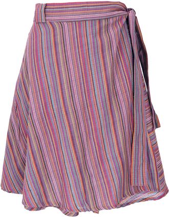 Guru Shop Leichter Gestreifter Wickelrock, Boho Baumwoll-Sommerrock - Flieder/bunt, Damen, Baumwolle