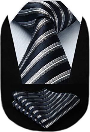 Hisdern Mariage raye Cravate Mouchoir La cravate des hommes & Carre de poche Set Bleu marine/gris