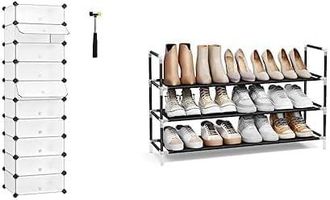 Songmics Schuhregal Kunststoff, rechteckiges Regalsystem mit 10 F&Auml;chern, wei&szlig; LPC10W Schuhregal mit 3 Ebenen, Standregal, Schuhaufbewahrung, platzsparend, Vlie