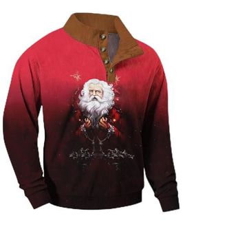 Generic Sweat de Noël amusant pour homme - Motif Père Noël - Surdimensionné - 1/4 de bouton - Pull à manches longues - Costume de Noël tendance - Cadeau de va