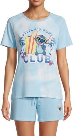 Disney Stitch T-shirt et Short pour Femmes, Pyjama Coton Ensemble 2 Pi&egrave;ces Stitch Design Surf Club, Cadeau pour Femmes et Adolescents | Taille XL | Bleu