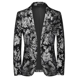 Generic Veste de costume &agrave; fleurs pour homme - Pour f&ecirc;te, d&icirc;ner, smoking - Coupe ajust&eacute;e - 1 bouton - Style d&eacute;contract&eacute; - Pour le sport et les affaires, Argen