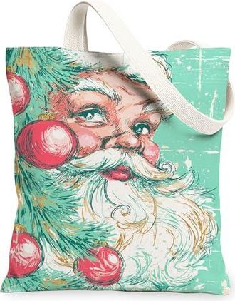 Generic Sacs fourre-tout en toile motif P&egrave;re No&euml;l vintage, r&eacute;utilisables, l&eacute;gers et lavables avec bandouli&egrave;re, vert menthe, 13x15 Inch