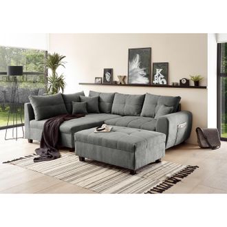 Fredriks home24 Ecksofa Holton Grau/Dunkelgrau Microfaser Ranu 248 x 87 x 176cm Longchair davorstehend links mit Hocker Modern