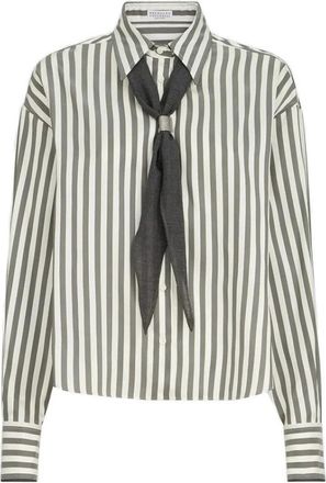 Brunello Cucinelli Gestreiftes Seiden-Popeline-Hemd mit Foulard aus Schurwolle - - Blouses & Shirts - Damen - Gr&uuml;n - L