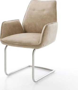 DELIFE Freischwinger Zoa-Flex Mikrofaser Beige Vintage Freischwinger rund Edelstahl Taschenfederkern, Esszimmerstühle