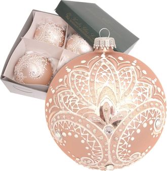 Krebs Glas Lauscha Weihnachtsdekoration/Christbaumschmuck aus Glas - Kugeln Stickerei Wei&szlig; - Farbe: Pink/Rosa Satin - Menge: 4 St&uuml;ck - Gr&ouml;&szlig;e: ca. 10 cm