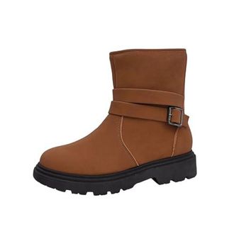Generic Bottines larges pour femme d&eacute;contract&eacute;es et confortables - Couleur unie - Bout rond - Fermeture &eacute;clair lat&eacute;rale - Talon bas - Noir et marron, marron, 
