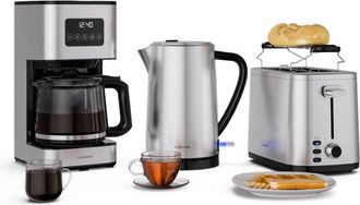 Klarstein Klarstein Verosteel Vollst&auml;ndiges Fr&uuml;hst&uuml;cksset Toaster 2 Scheiben mit 7 Br&auml;unungsstufen & Br&ouml;tchenaufsatz, Wasserkocher 1.7L Edelstahl