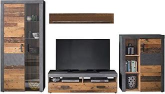 Trendteam Indy - Wohnwand - Eiche/Grau - Anbauwand mit Stauraumvitrine, Stauraumelement, TV-Unterschrank und Wandboard - (BxHxT) 343 x 189 x 40 cm - antikfarben