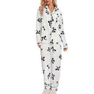 Generic Pyjama imprimé avec noeud pour femme, short avec poche à boutons, style mignon, blanc, XL