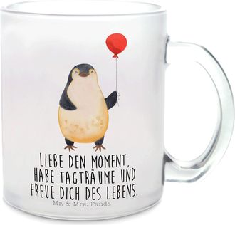 Mr. & Mrs. Panda Teetasse Pinguin Luftballon - Geschenk, Glas Teetasse, Kind, Teeglas, Tasse mit Henkel, fröhlich, Pinguine, neues Leben, Teebecher
