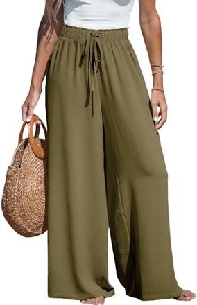 Cupshe Pantalon pour femme avec cordon de serrage - Jambe large - Taille haute - Décontracté - Pantalon dété, vert olive foncé, XL
