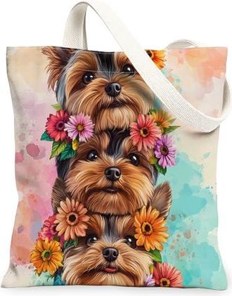 Generic Spring Yorkies Sac fourre-tout en toile r&eacute;utilisable pour faire du shopping 33 x 38,1 cm, motif floral amusant et amusant pour femme, peinture danimal