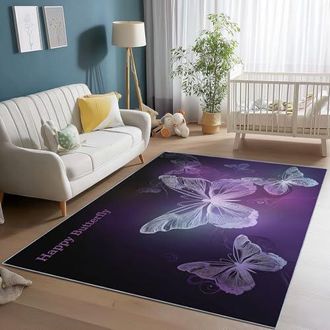 Generic Tapis &agrave; Poils Courts Color&eacute; pour Chambre et Salon, Design Onirique Papillons Lignes Textures, Antid&eacute;rapant et Lavable en Machine, Tapis D&eacute;coratif pour