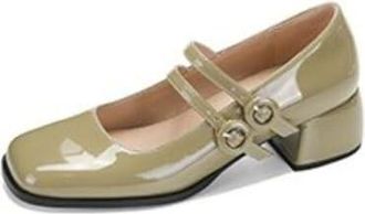 Generic Escarpins Femme Rétro Bout Carré Cuir Verni Mary Jane Bride Cheville avec Double Boucles Talons Bloc Décontractés Robe Soirée Bureau,Kaki,38.5 EU