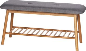 WENKO Schuhbank mit Sitzpolster Nori, aus Bambus, Bezug aus 100% Polyester, 90 x 45 x 34 cm, Braun/Grau