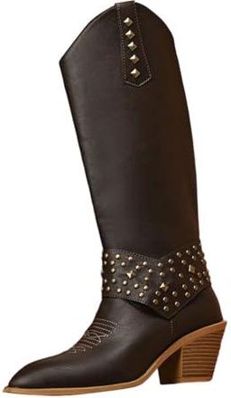 Generic Bottes de cowboy classiques &agrave; tige longue en similicuir pour femme - Style vintage - Rivets clout&eacute;s - Chaleur et confort, caf&eacute;, 36.5 EU