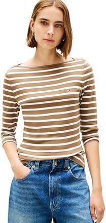 Tommy Hilfiger T-Shirt Slim Cody Boat-NK 3/4SLV WW0WW40589 L/S pour Femme, Marron (Nordic Taupe/Ecru STP), XL, Marron (Nordic Taupe/Ecru STP), XL