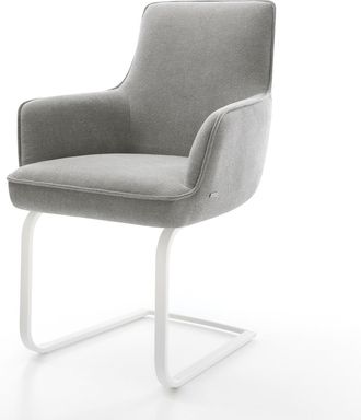 DELIFE Freischwinger Heira-Flex mit Armlehnen Strukturstoff Soft Grau Freischwinger flach Weiß Taschenfederkern, Esszimmerstühle
