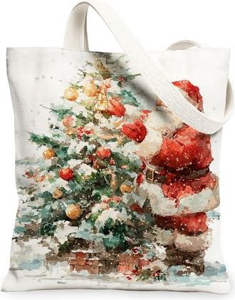 Generic Sacs fourre-tout en toile motif P&egrave;re No&euml;l festif, sacs de courses r&eacute;utilisables, l&eacute;gers et lavables avec bandouli&egrave;re en toile pour cadeaux de voyage 3