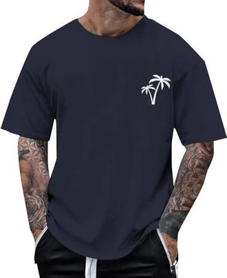 Generic Chemise décontractée à col rond et manches courtes pour homme - Imprimé cocotier - Coupe athlétique - Léger - Pull de sport, bleu marine, 3XL