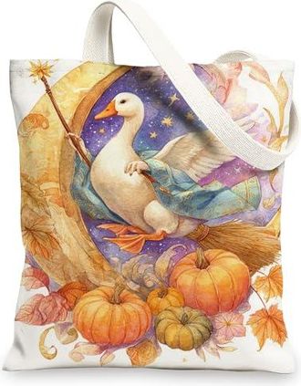 Generic Sacs fourre-tout en toile dautomne, motif oie et citrouille fantaisie, sacs de courses légers et réutilisables, sacs à provisions artistiques vintage 