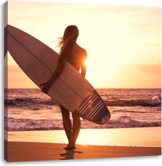 Pixxprint Surferin vor Sonnenuntergang, Größe: 40x40, Leinwandbild Quadratisch, Wandbild, Kunstdruck, fertig bespannt