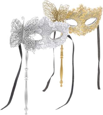 DOITOOL 2 Stück Handgehaltene Drachendesign Masken Silber mit Stab für Maskerade Kostüm Party Cosplay Auffällige Maskenball Accessoires für Halloween und Fest