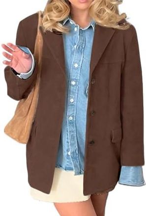 ORANDESIGNE Blazer en Cuir Su&eacute;d&eacute; Femme Veste en Faux Daim Revers Manches Longues Mode Automne-Hiver Vestes de Costume A Caf&eacute; L