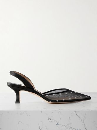 Manolo Blahnik Escarpins &Agrave; Brides Arri&egrave;re En R&eacute;sille Floqu&eacute;e Et En Satin &Agrave; Pois Carolyne 50 - Noir