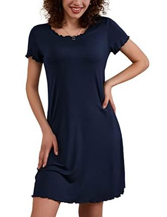 Ekouaer Robe de Nuit Femme Manches Courtes Vêtements de Nuit Court Nuisette Col Rond Liquette De Nuit Légers, Bleu Foncé, L