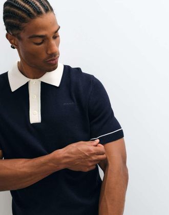 GANT polo en maille &agrave; col contrastant bleu marine