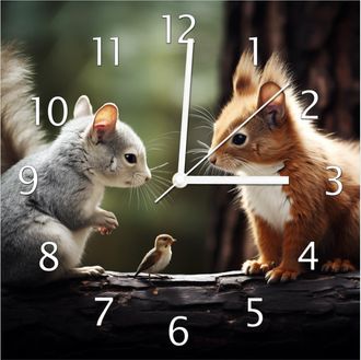 Wallario Design-Wanduhr Waldfreunde im Dialog aus Glas, Motiv-Uhr Größe 30 x 30 cm, weiße Zeiger