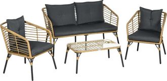 OUTSUNNY Salon de jardin 4 places 4 pièces style colonial table basse coussins gris fournis résine tressée aspect rotin