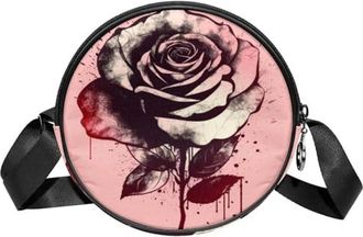 Generic Sac &agrave; bandouli&egrave;re Circle pour femme, petit sac &agrave; bandouli&egrave;re rose noire avec fermeture &eacute;clair, bretelles r&eacute;glables, sac &agrave; main rond d&eacute;contract&eacute; pour f