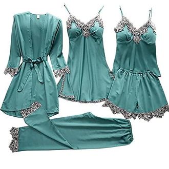 Generic Ensemble de pyjama 5 pi&egrave;ces en satin et dentelle pour femme avec robe, Vert, XL