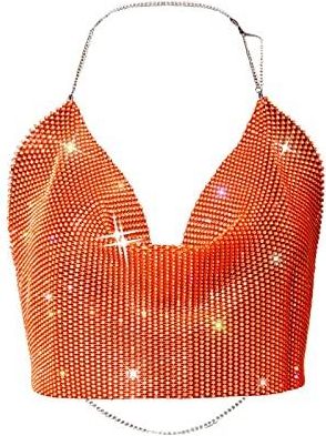 Generic Rouge avec des v&ecirc;tements &agrave; pois blancs, dos nu r&eacute;glable, sans manches, dos nu, haut court de club, haut &agrave; bretelles pour femme, Orange, S