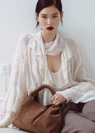 Mango Sac port&eacute; &eacute;paule en daim surpiq&ucirc;re marron - Femme - Taille unique - MANGO