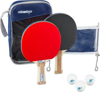 Relaxdays Tischtennis Set mit Netz, HxBxT: 27 x 17 x 5 cm, 2 konische Schl&auml;ger, 3 Tischtennisb&auml;lle, Tragetasche, blau