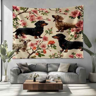 Generic Wohnzimmer Schlafzimmer Wandteppich Tiere Dackel Blumen Mikrofaser Weich leicht Wanddekoration Beige Modern Wandbehang Wandteppich Geschenk f&uuml;r Freund