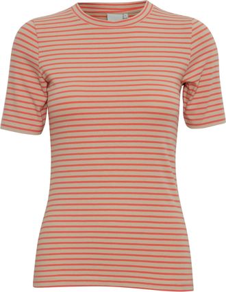 Ichi IHMIRA Damen T-Shirt Shirt mit Kontraststreifen Rundhals Baumwollmischung elastisch Slim Fit, Größe:XL, Farbe:Hot Coral Stripe (202998)