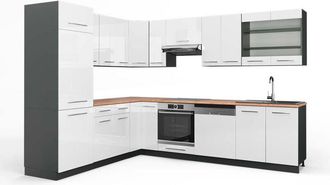 Vicco K&uuml;chenschr&auml;nke Fame-Line, Wei&szlig; Hochglanz/Anthrazit, 227 x 287 cm, ap Eiche