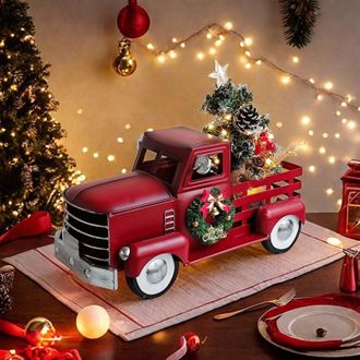 Generic Weihnachtlicher Roter LKW-dekor, Roter Vintage-LKW mit Mini-weihnachtsbaumschmuck, Handgefertigtes Altes Rotes Pickup-Truck-automodell Aus Metall f&uuml;r 