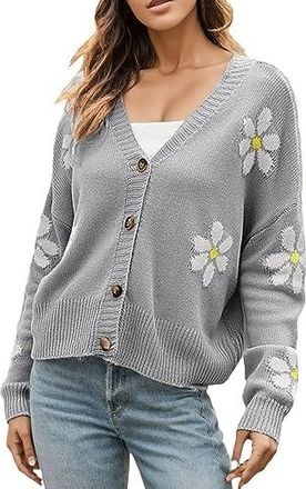 Generic 2026 Vestes d&eacute;contract&eacute;es en tricot uni pour femmes, cardigan ample, style universitaire, gris, M