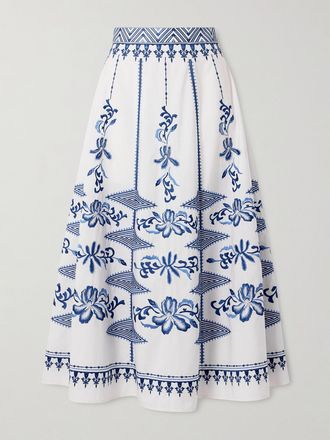Emporio Sirenuse Jupe Midi En Coton M&eacute;lang&eacute; &Agrave; Broderies Camille - Blanc