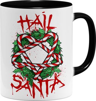 OM3 lustige Weihnachts Kaffee-Tasse mit Spruch - Hail Santa Christmas - 666 Pentagramm X-Mas - Keramik Becher - 325ml - Beidseitig Bedruckt - Schwarz