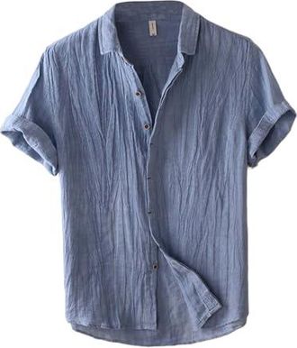 Generic Chemise en flanelle pour homme rétro froissé décontracté fin respirant ample manches mi-longues en coton lin chemise à manches longues pour homme, ble