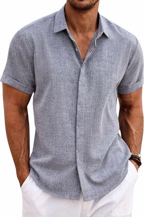 Coofandy Hemden Herren Kurzarm Einfarbig Leinenhemd Casual Strand Sommerhemd Bügelfrei Freizeitemd Dunkleblaugrau XXXL